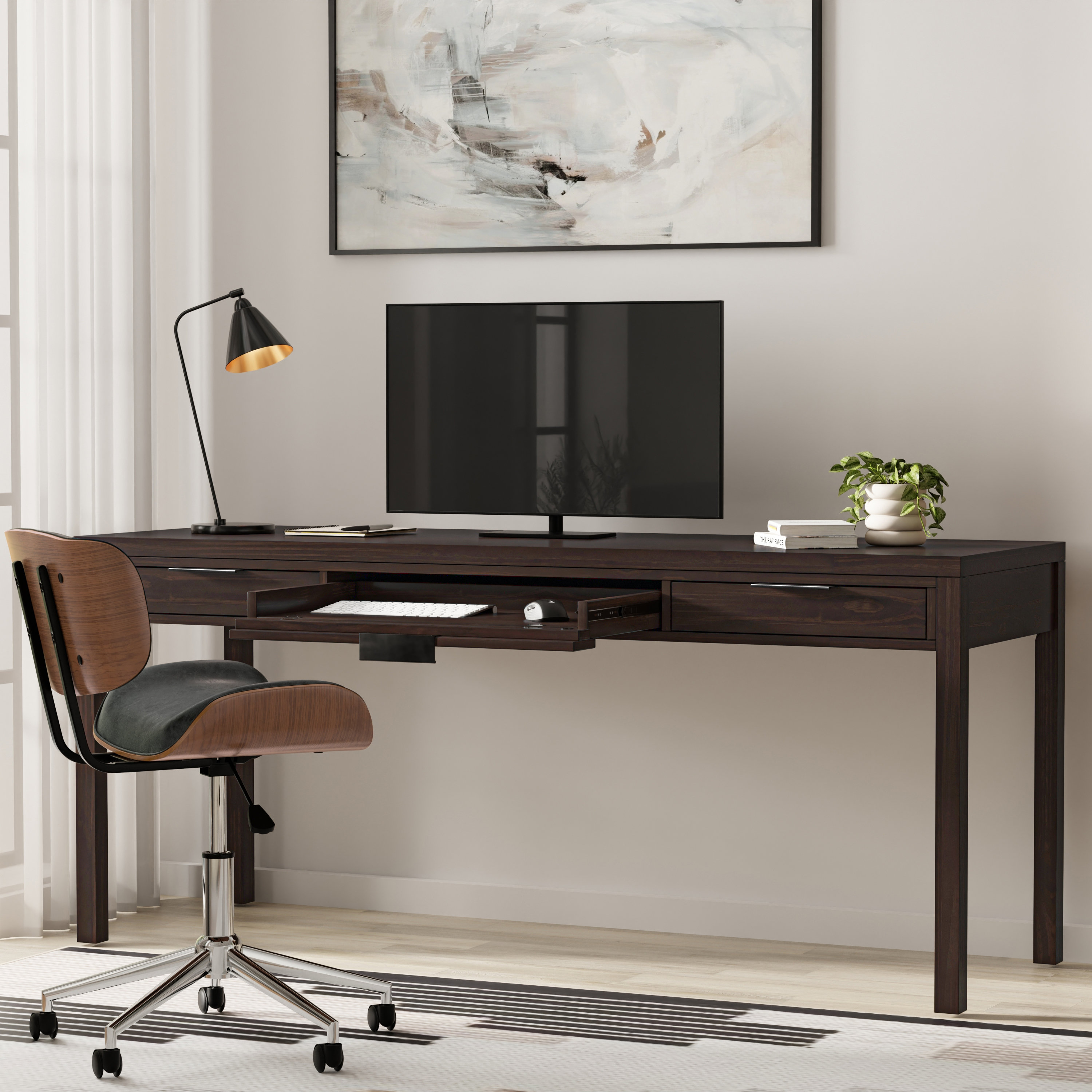 Simpli Home Hollander 72"W Solid Wood Wide Desk, Contemporary Style with Keyboard Tray and 2 ...